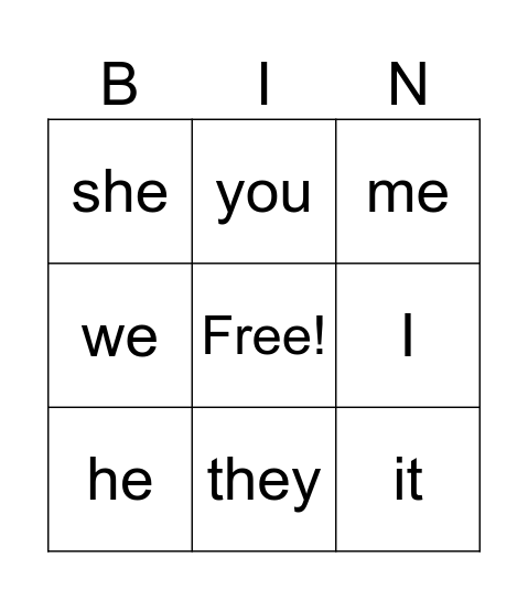 Pronouns Bingo Card