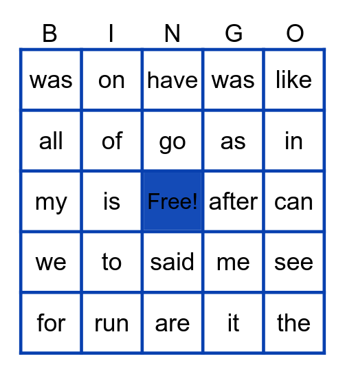 Basic Sight Words Bingo Card