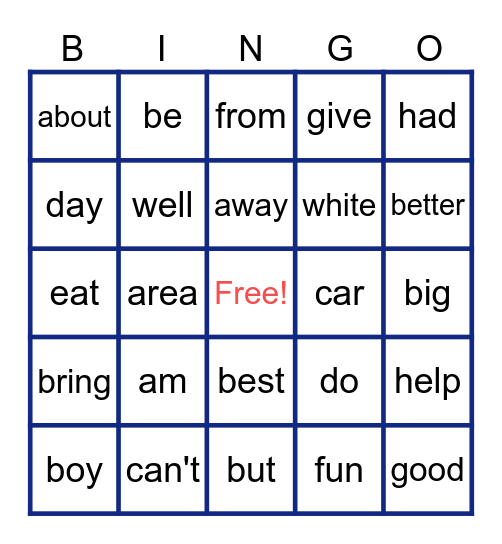 Basic Sight Words Bingo Card