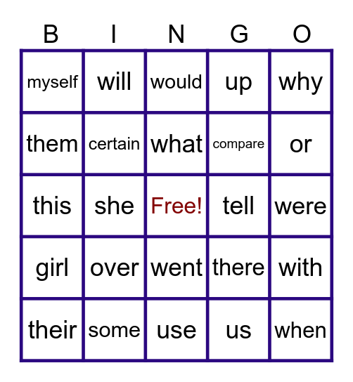 Basic Sight Words Bingo Card
