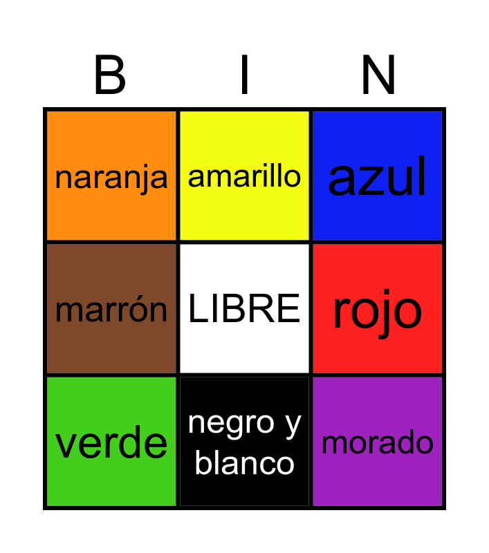Los colores Bingo Card