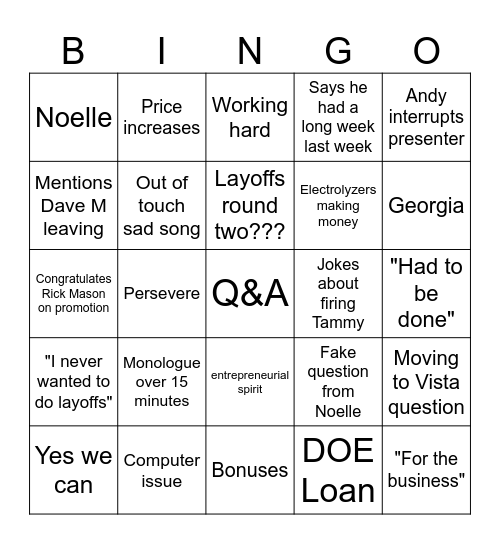 ANDY BINGO: Layoff Edition Bingo Card