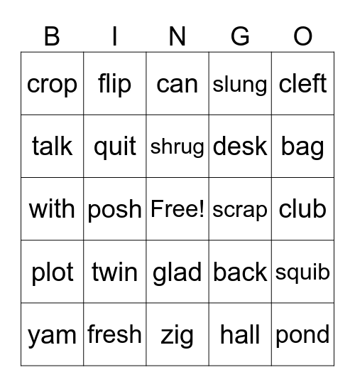 Closed Syllables Bingo Card