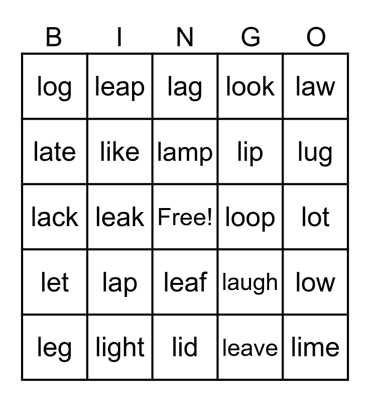 "L" Words Bingo Card