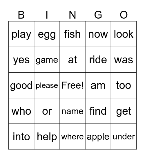 Kindergarten Block 5 HFW Bingo Card
