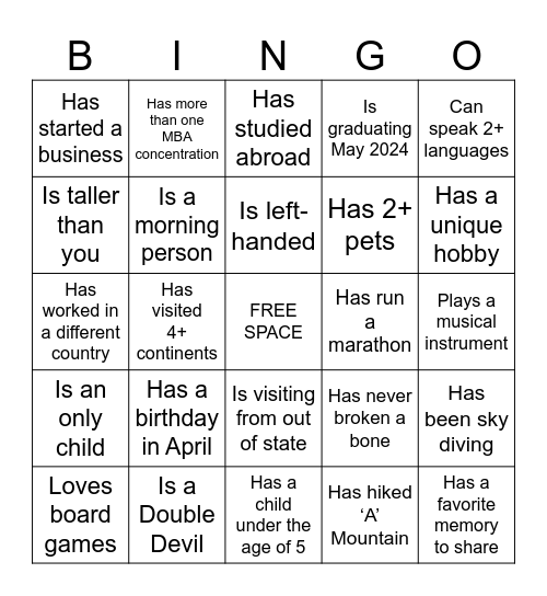 Networking Bingo Card
