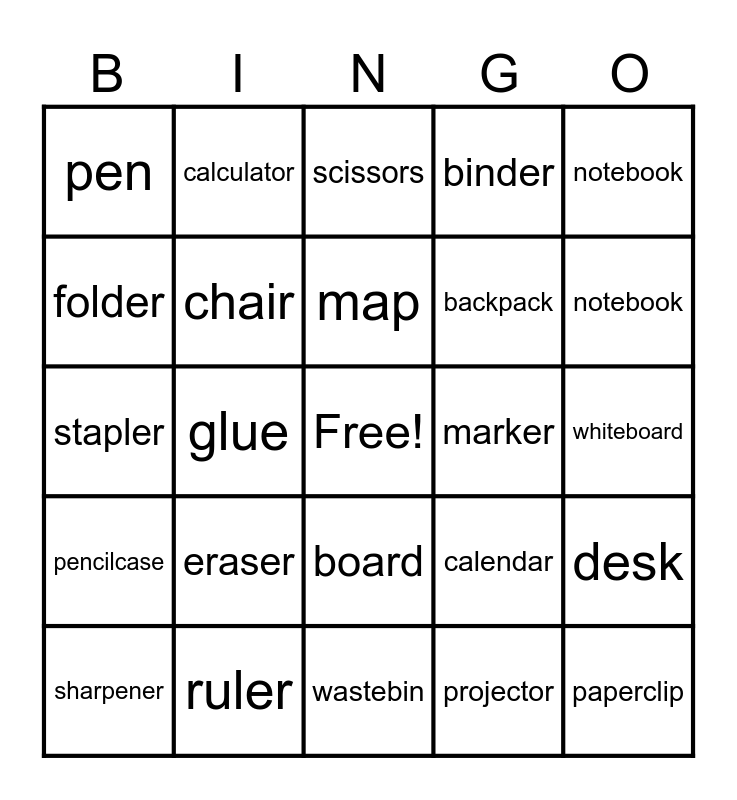 School Vocab Bingo Card