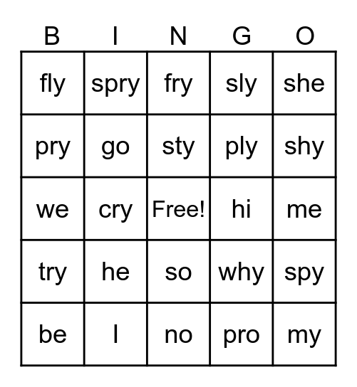 5.1 Real Words Bingo Card