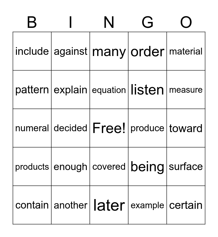 Fluency words Bingo Card