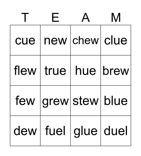 ue and ew words BINGO Card