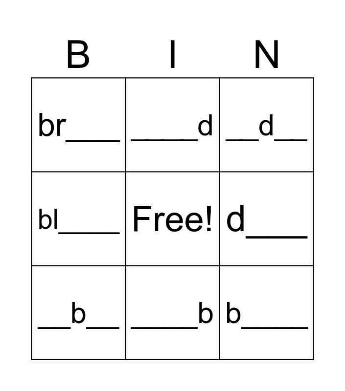 B or D (beginning, middle, end positions) Bingo Card