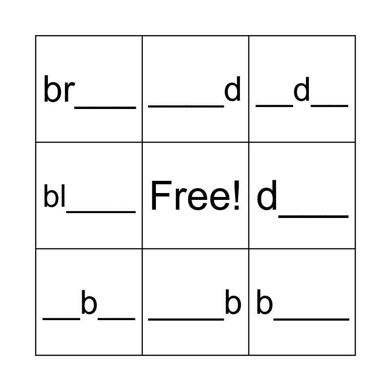 B or D (beginning, middle, end positions) Bingo Card