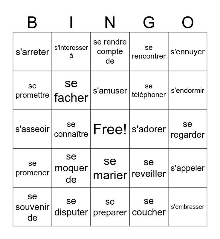 LES VERBES REFLECHIS Bingo Card
