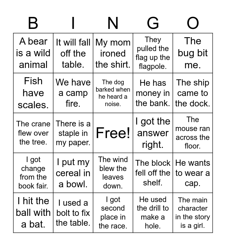 Multiple Meaning Words Bingo Card