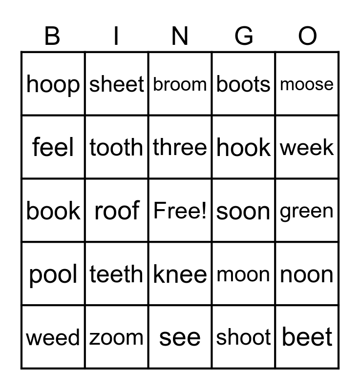 ee and oo words Bingo Card