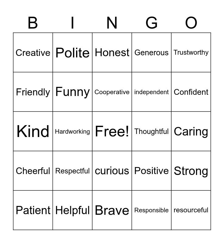 CHARACTER TRAITS Bingo Card
