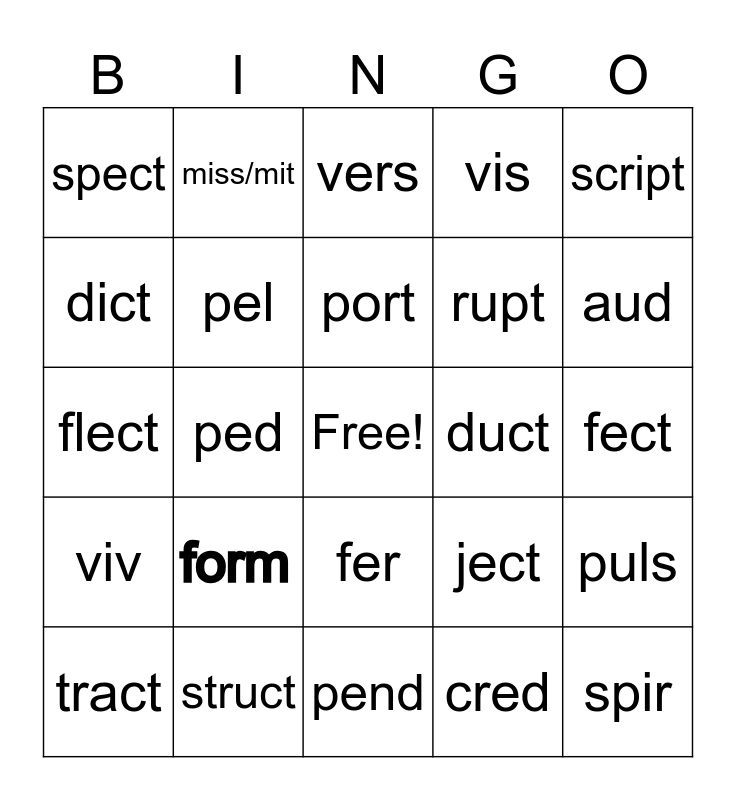 morphology bingo Card