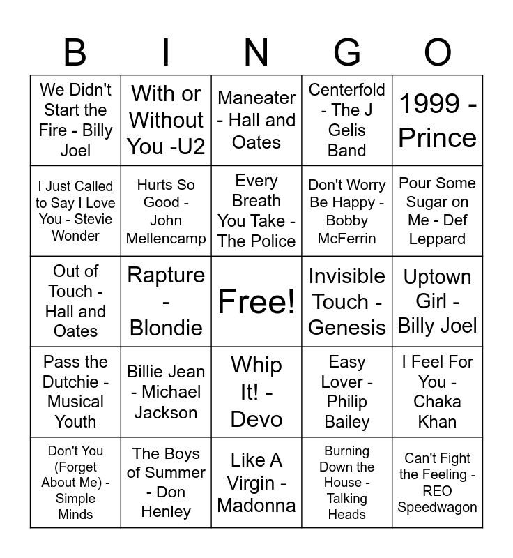 80's Hits Bingo Card
