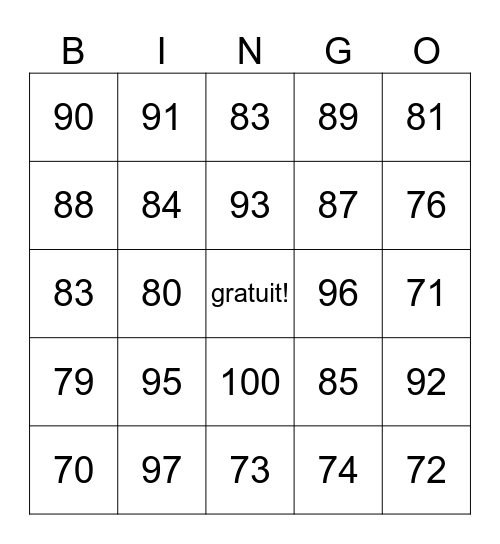 Les numéros 70-100 Bingo Card