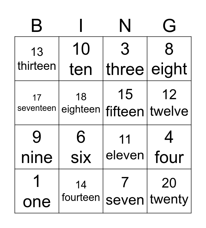 Bingo 1-20 Bingo Card