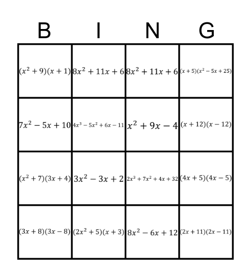 Operations on Expressions to Solve Equations Bingo Card