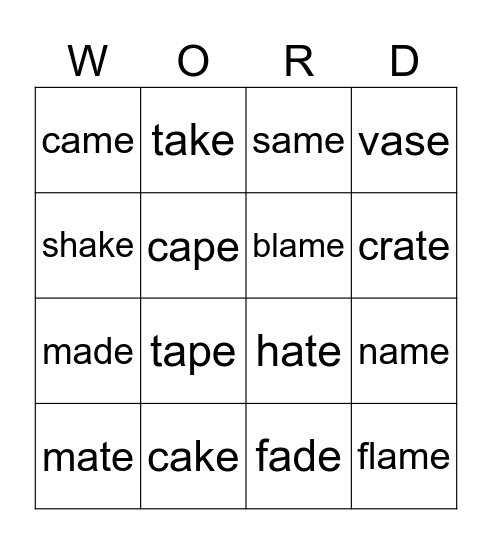 Long /a/ CVCe Bingo Card