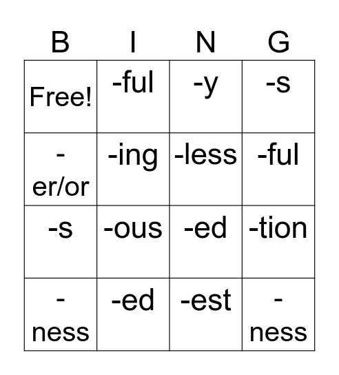 SUFFIXES Bingo Card
