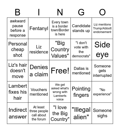 Candidate Forum: Case v. Lambert Bingo Card