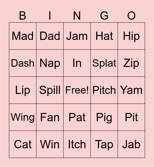 Short i, Short a Bingo Card