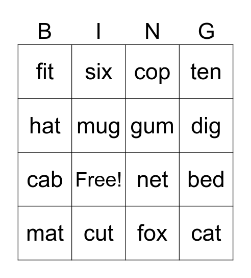 CVC Words (short vowel) Bingo Card