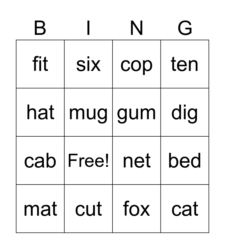 CVC Words (short vowel) Bingo Card