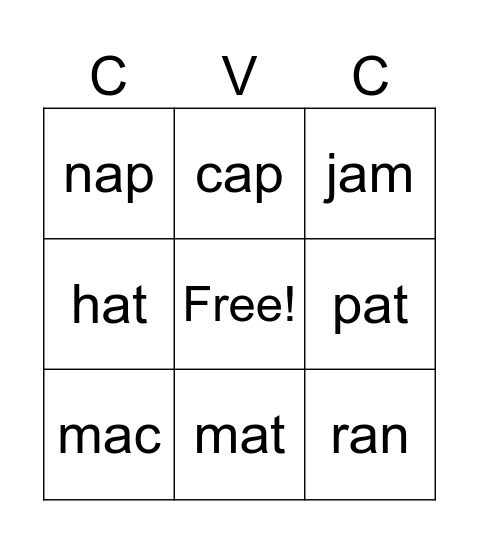 CVC Words Bingo Card