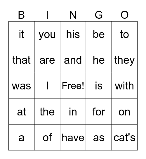 Sight Words-Level 1a & 1b Bingo Card