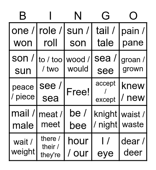 Homophones Bingo Card