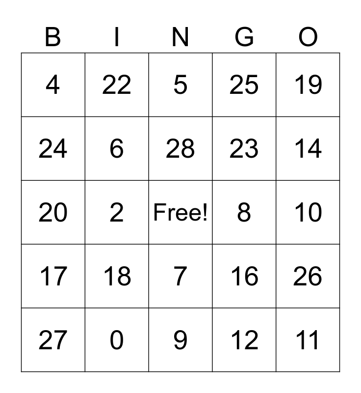 Numbers 0 - 29 Bingo Card
