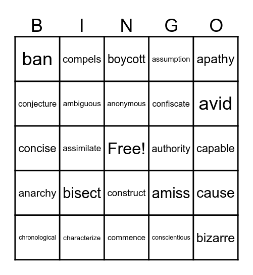 8th Vocab Bingo Card