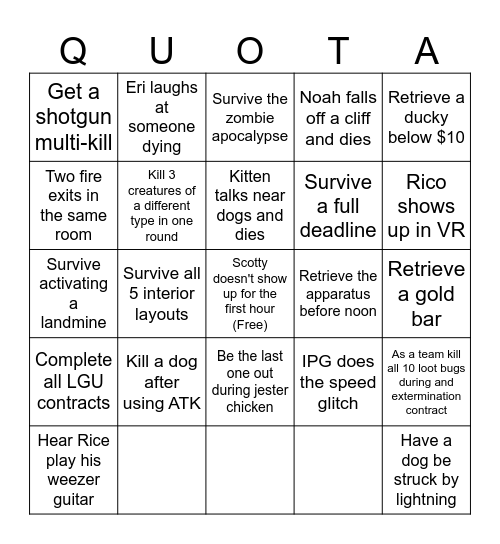 Lethal Bingo Card
