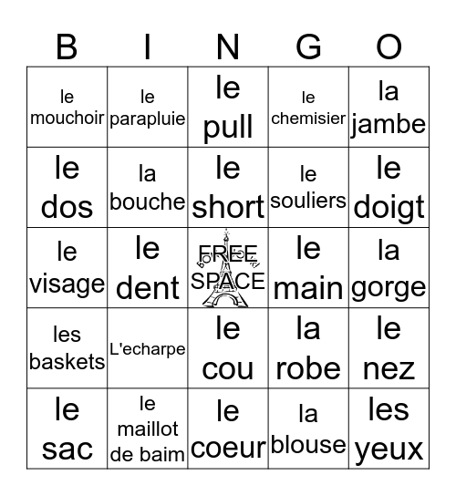 Les Parties du corps et Les Vetements Bingo Card