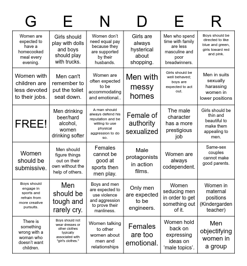 Gender Stereotypes Bingo Card