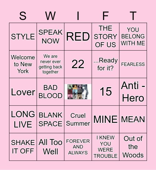 TAYLOR SWIFT SONGS Bingo Card