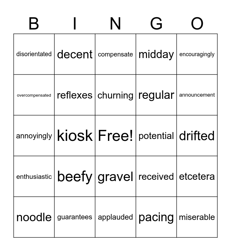 Amelia Bingo Card