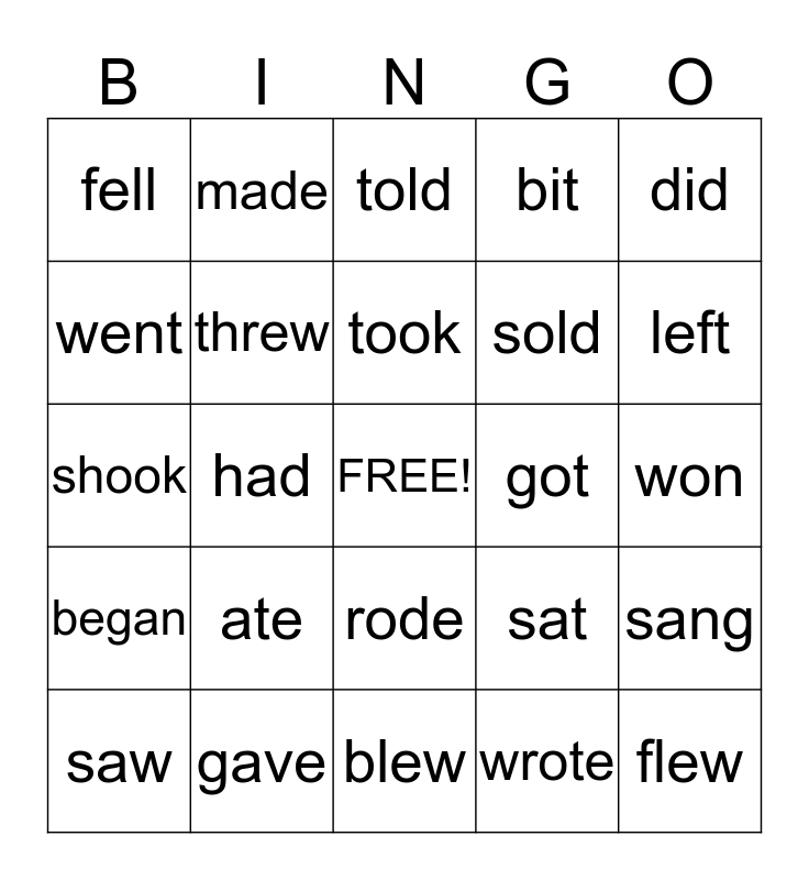 Irregular Verb Bingo Card