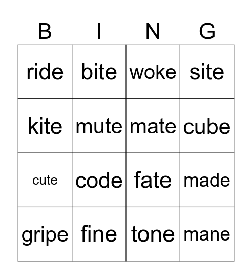 Magic E Bingo Card