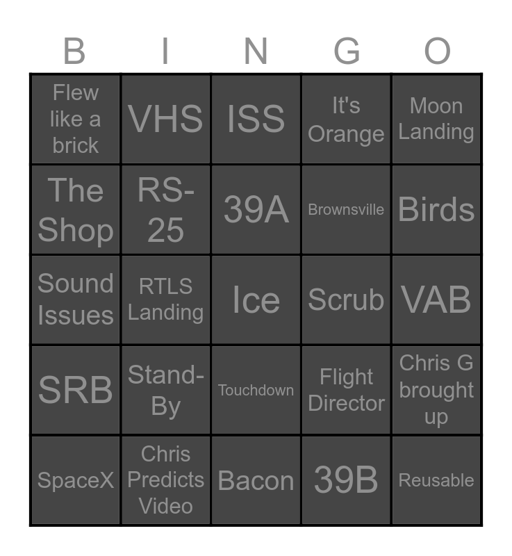 Shuttle Sunday Bingo Card