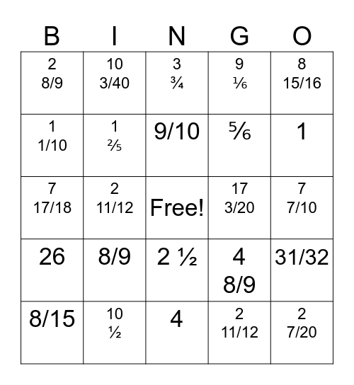 Multiply Mixed Numbers Bingo Card