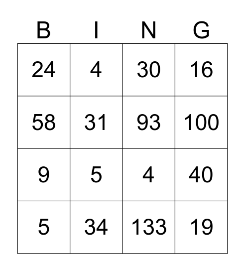 Word Problems Bingo Card