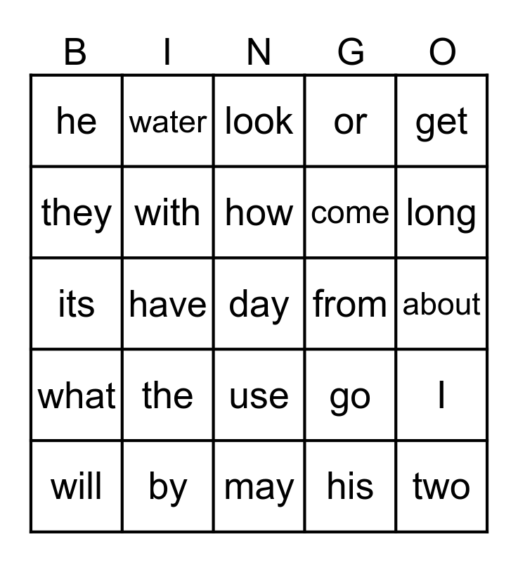 Fry Sight Words Bingo Card