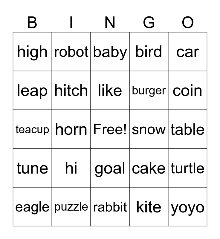 6 Syllable Bingo Card
