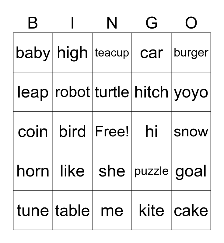 6 Syllable Bingo Card