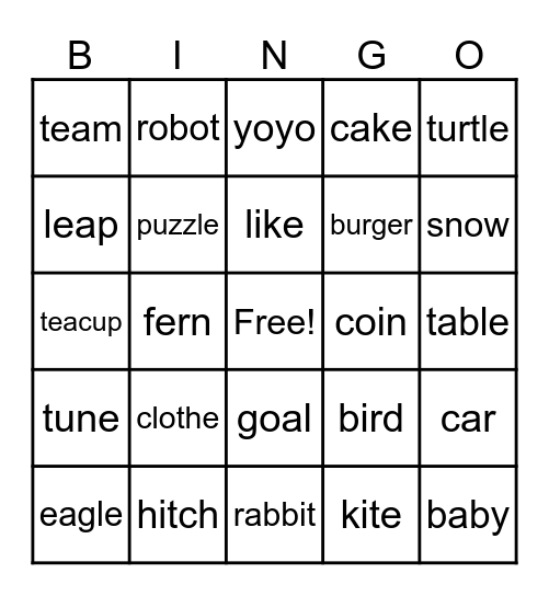 6 Syllable Bingo Card
